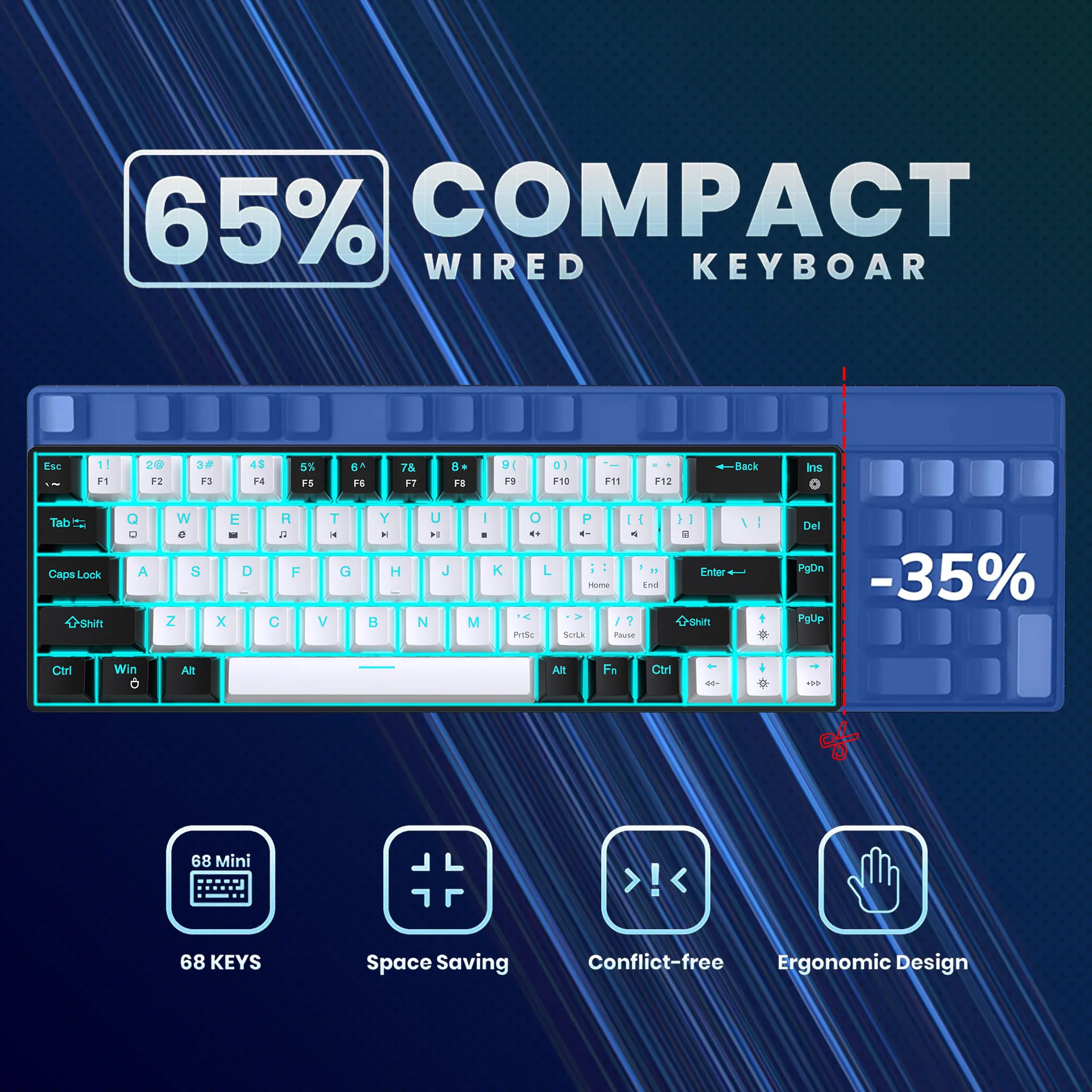 V800 Mechanical Gaming Keyboard - Compact 68 Keys LED Backlit