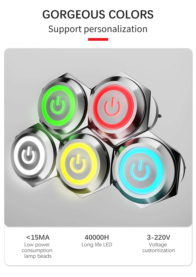 20a High Current 19mm Illuminated Stainless Steel Metal Button Switches 12v Domed Head Push ...