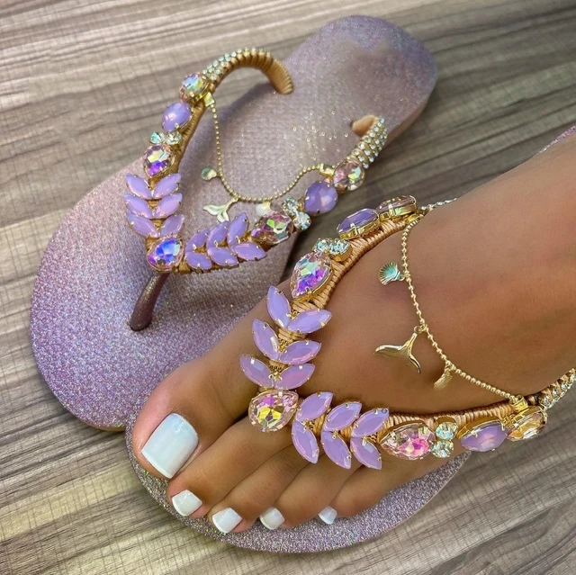 Custom Rhinestone Flip Flops With Luxury Leaf Crystal Diamonds And ...