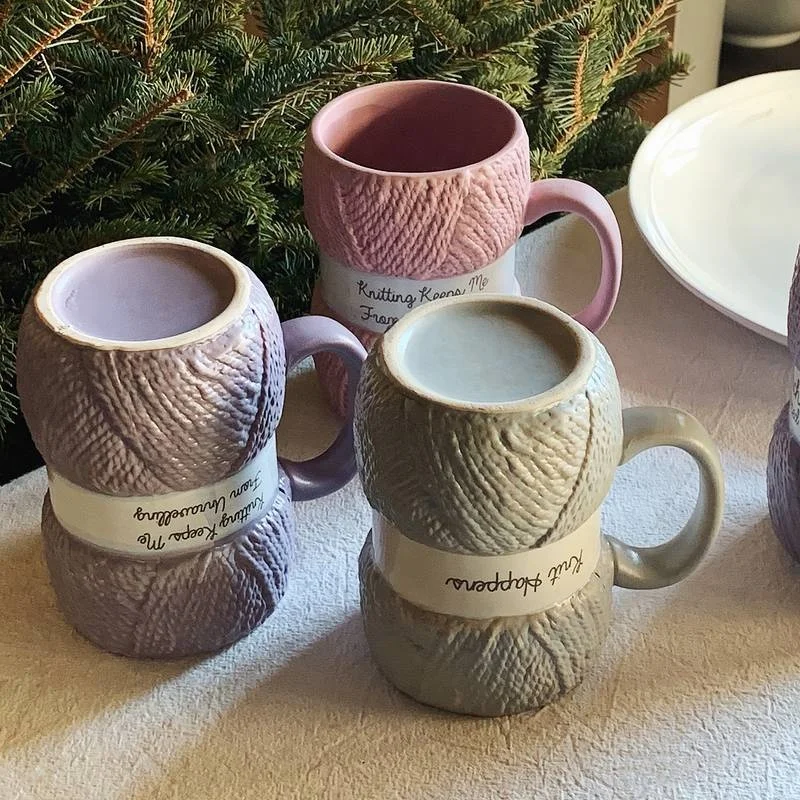 Custom logo packaging color yarn wool ceramic knitting mugs coffee mug ...
