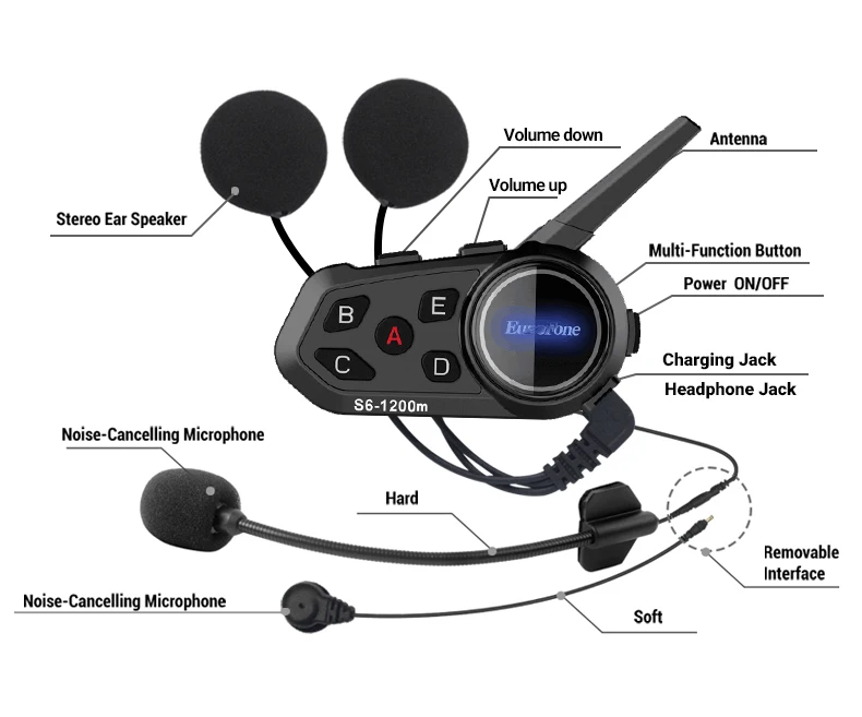 Motorcycle Bluetooth Intercom 1200m Helmet Intercom, 6 Riders Universal ...