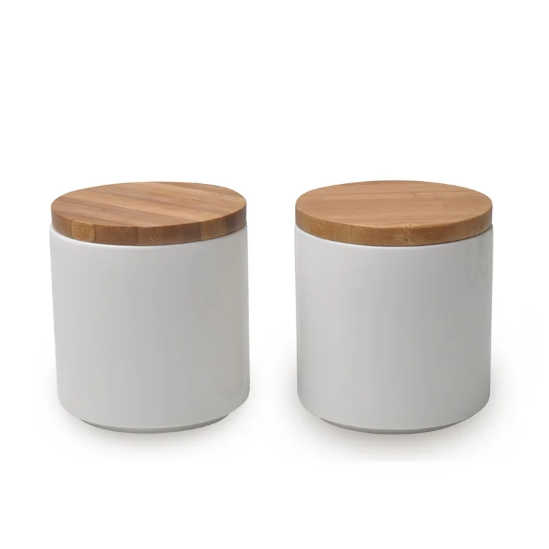 White Ceramic Canister Set with Bamboo Lid - Modern Storage