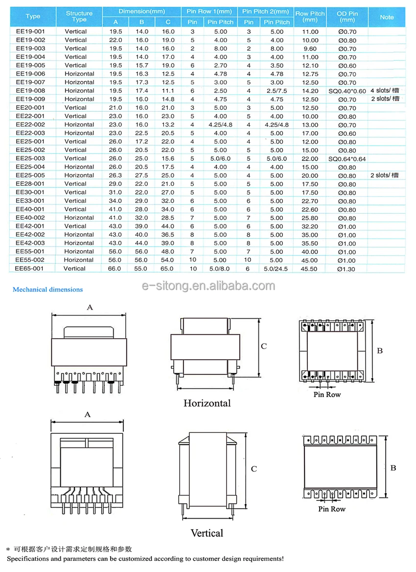 220v 9v 12v 24v Ee16 Ee13 Ee19 Ee20 Ee25 Ee28 Ee40 Ee55 High Frequency Power Ferrite Core Ee ...