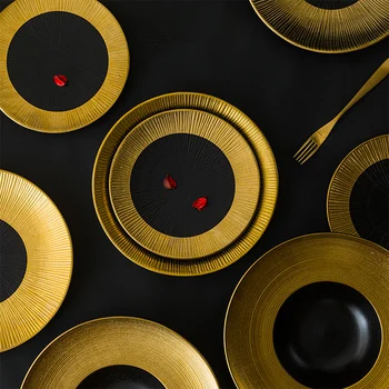 Luxury Ceramic Dinner Plate Golden Edge Soup Pasta Salad Dessert Sushi ...