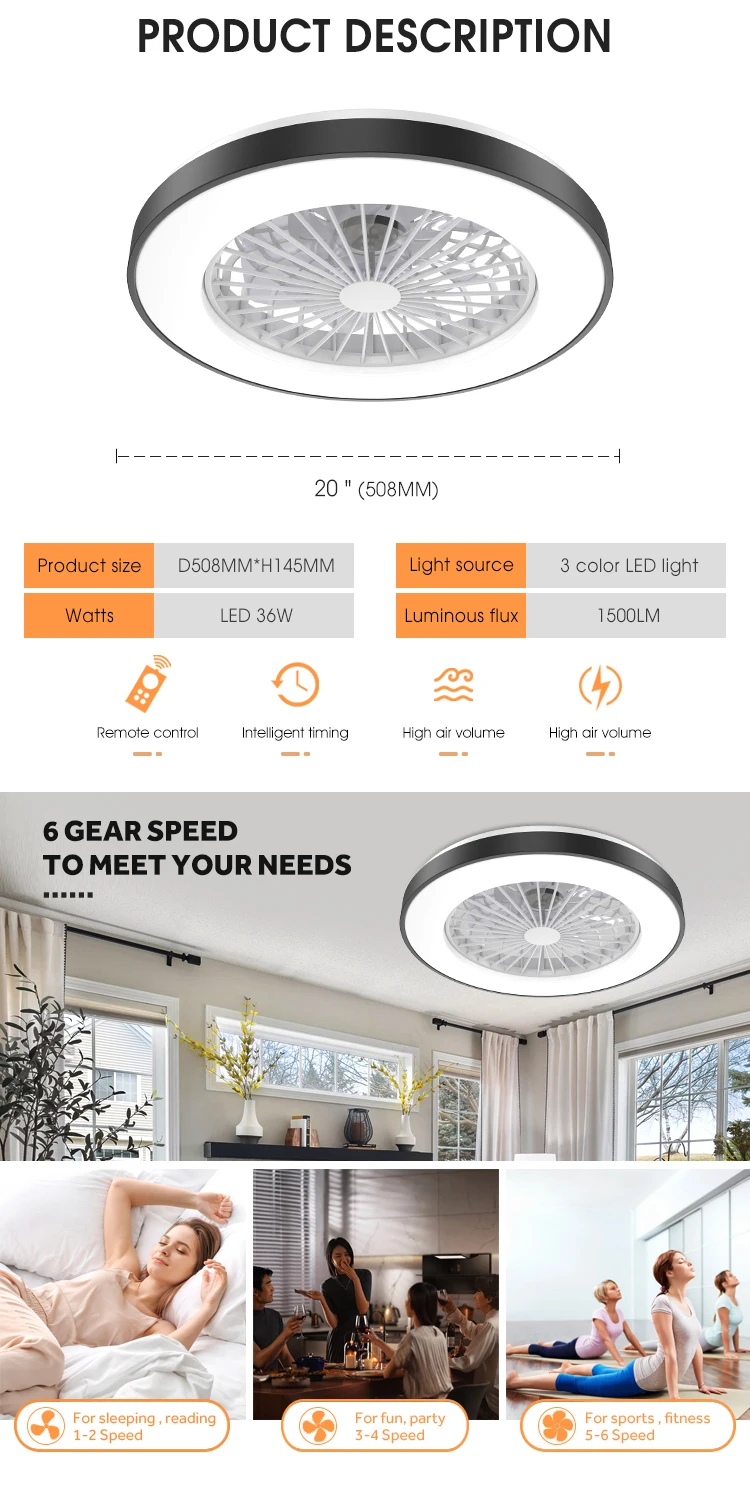Low Noise Bedroom Ceiling Fan with LED Light & Remote