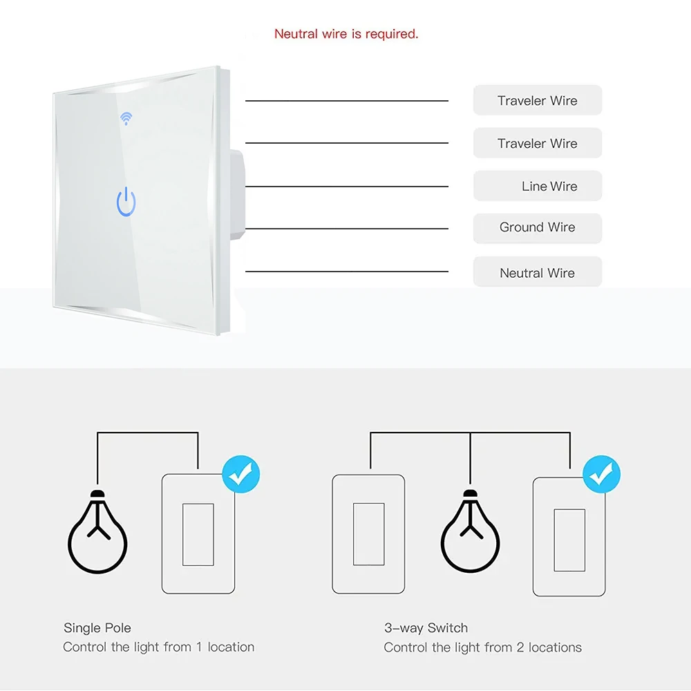 Eu Uk 1 Gang 3 Way Dual Control Smart Tuya Wifi Wall Touch Light Switch ...