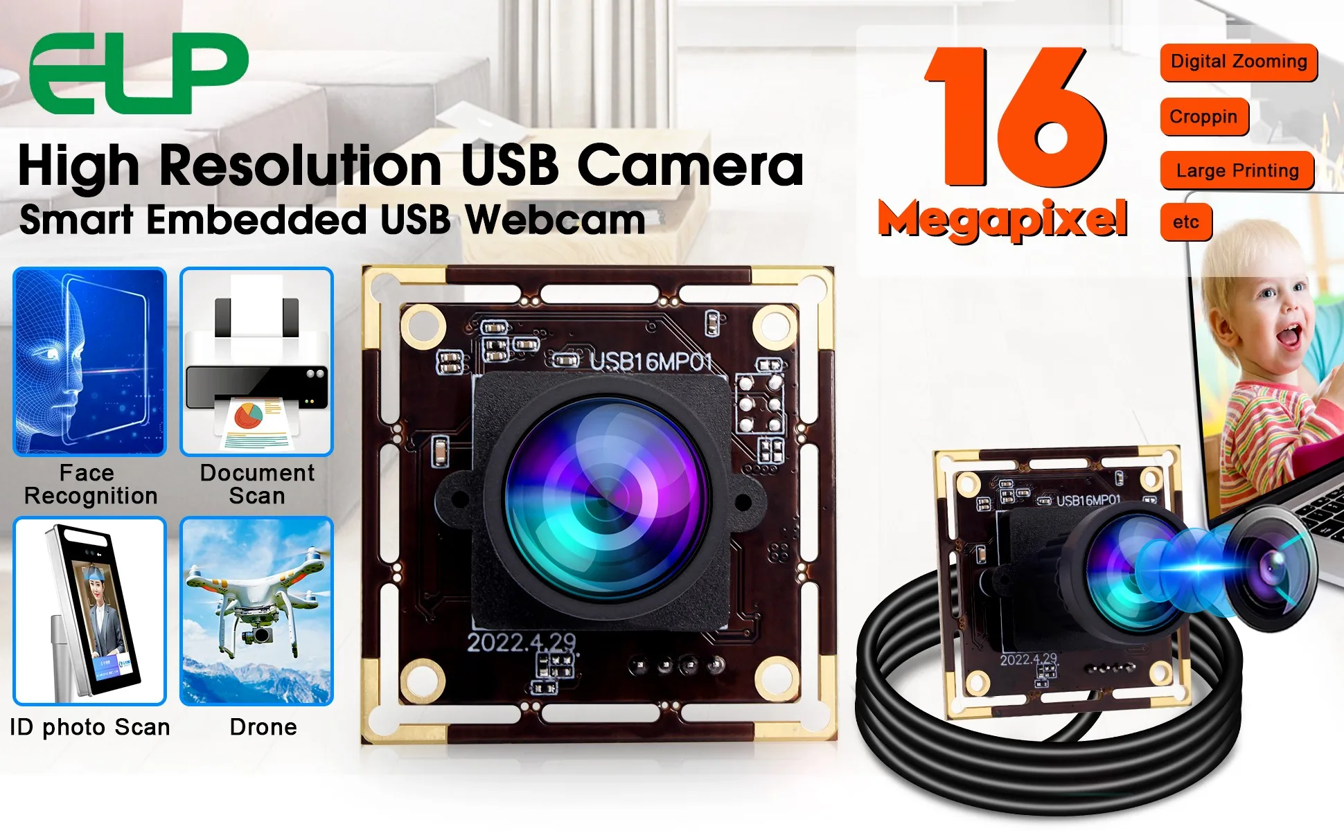 Elp 16mp Imx298 Usb Camera Module Fixed Focus 2.1mm/2.8mm/3.6mm/6mm/8mm Lens M12 Security ...