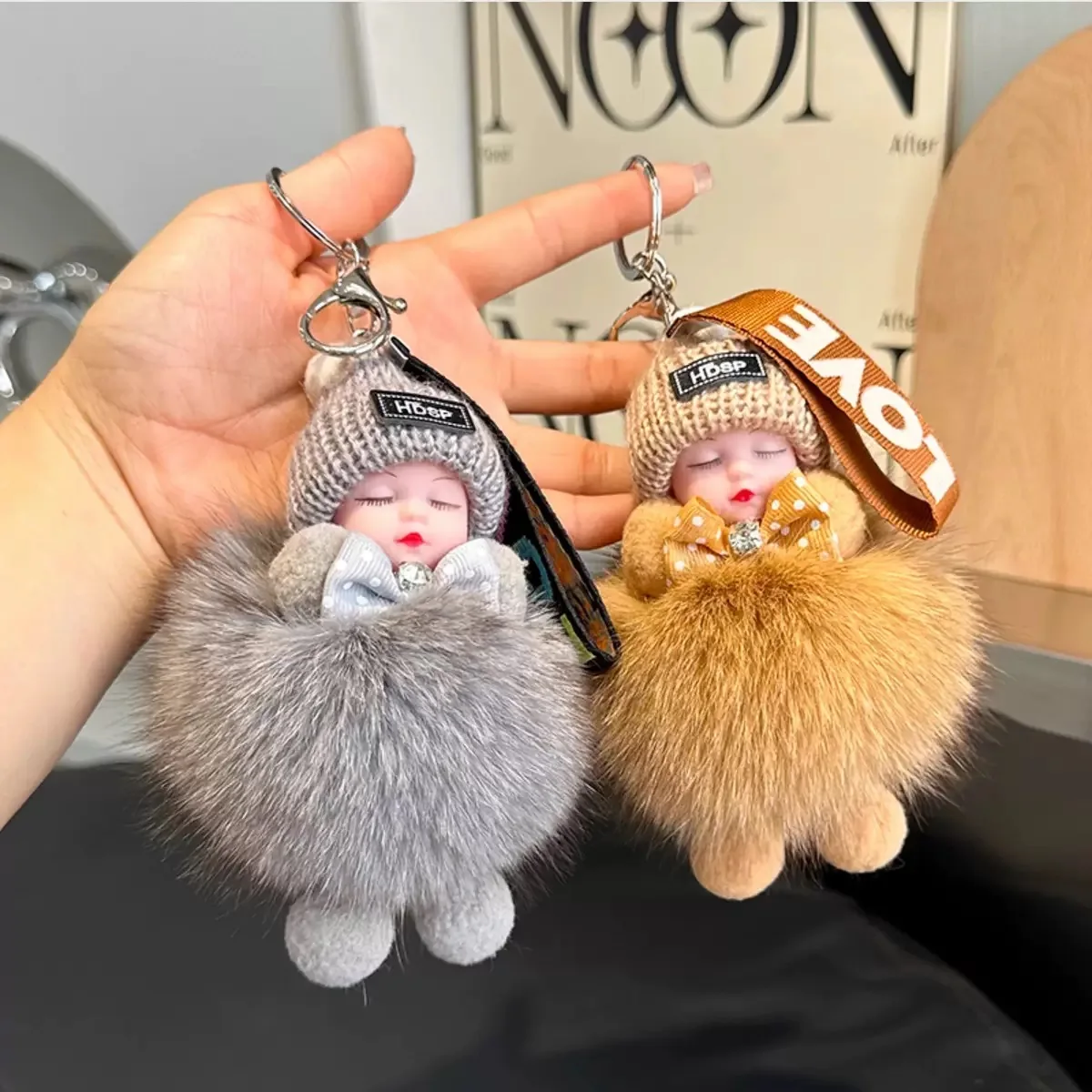 Sweet Cute Sleeping Baby Doll Keychain Pom Pom Rabbit Fur Ball Key ...