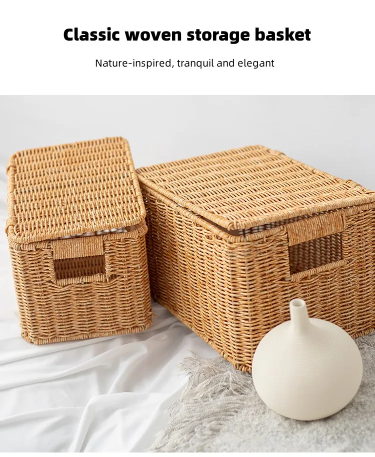 Handmade Rectangle Storage Rattan Basket With Lid Bins Woven Storage ...