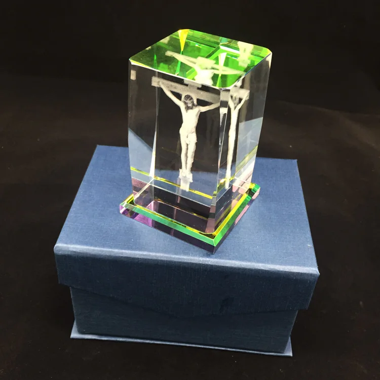 3D Art Religious Jesus Crucifix Cross Crystal Glass Laser Cube MH-F0438