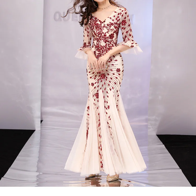 V Neck Long Puff Sleeves Evening Dresses - Serene Luxury