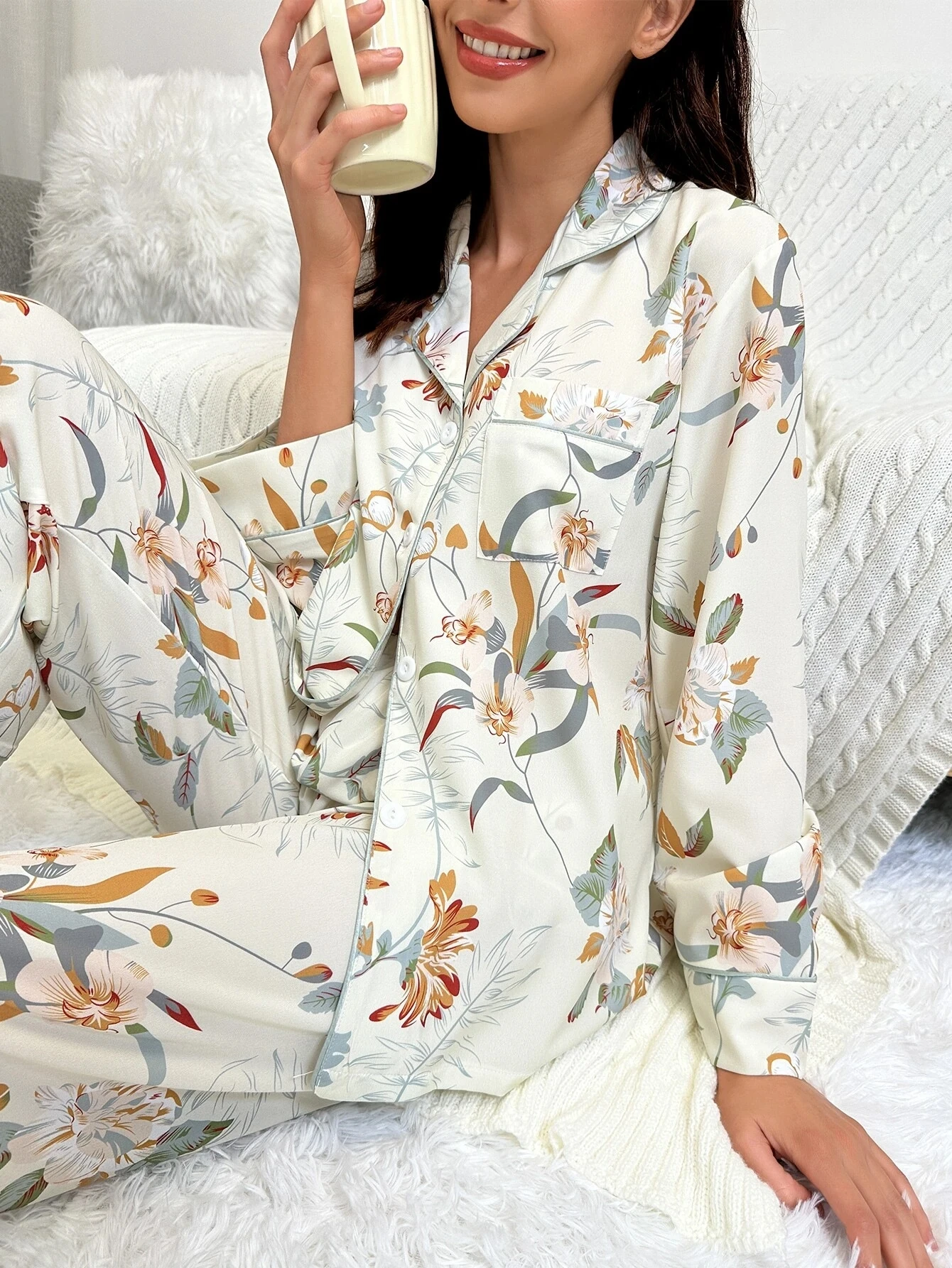 Elegant Floral Printed Women's Full Length Embroidered Sleepwear Custom ...