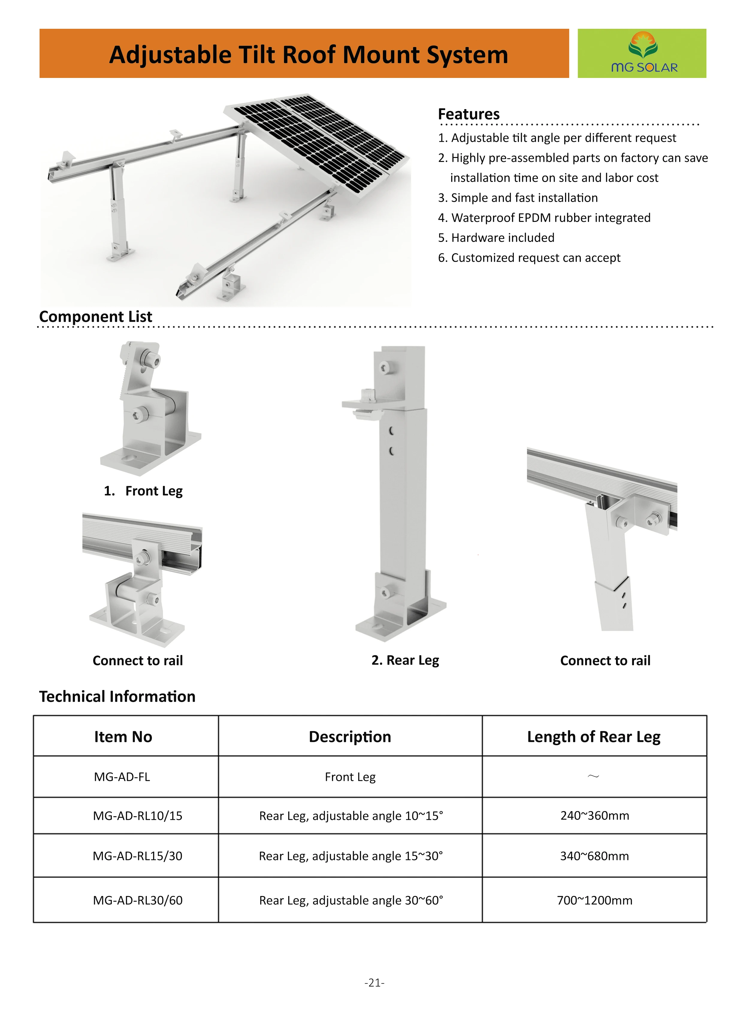 Adjustable Angle Tilt Roof Trestle Solar PV Mounting System AL6005-T5 ...