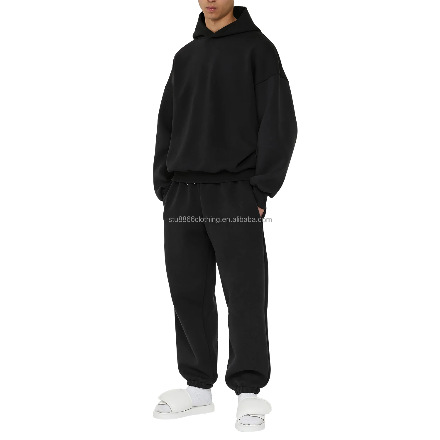 OEM Gym Black Blank Tracksuit Custom Embroidery No String Hoodie ...