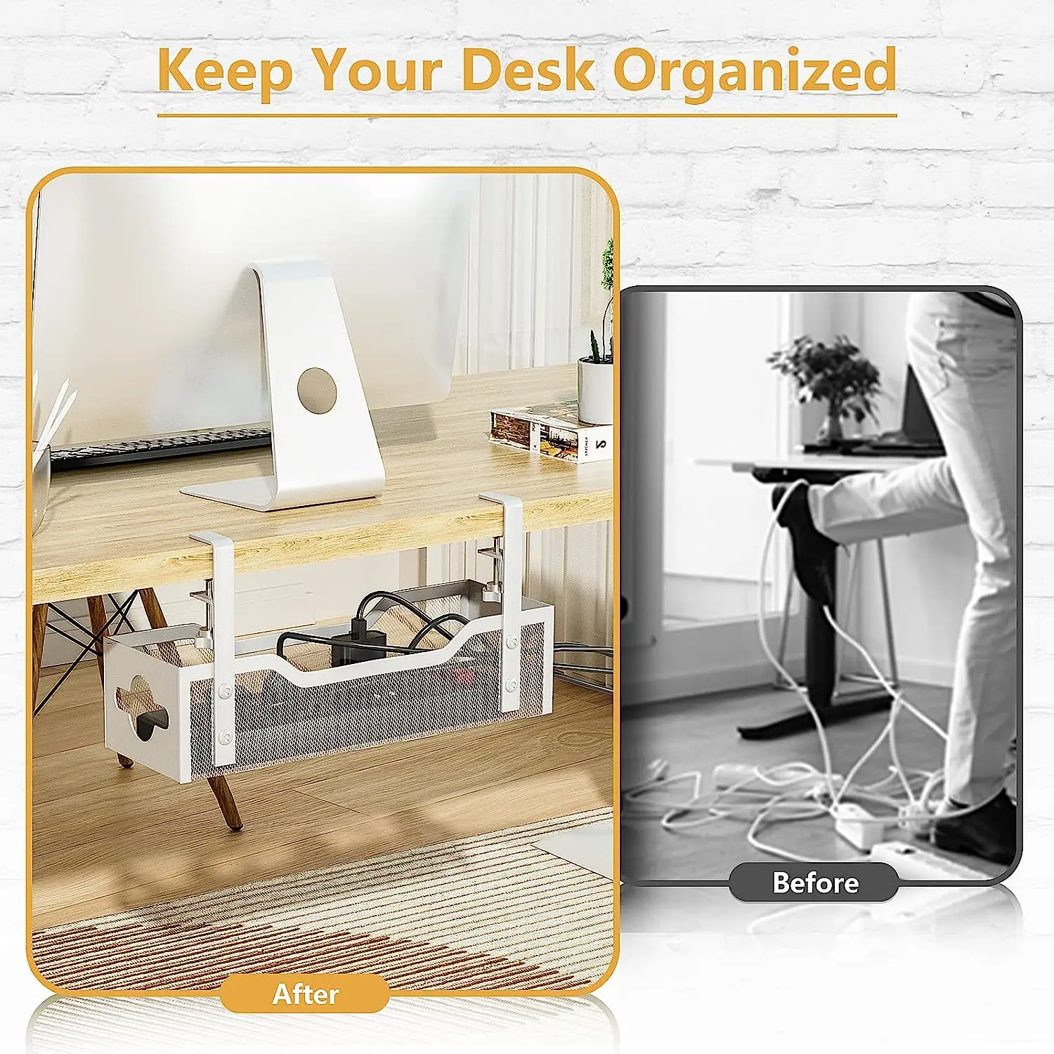 2-Hole Adjustable Cable Organizer Tray: Metal Mesh Under Desk Wire ...