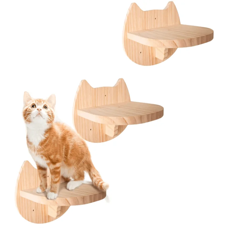 3 Step Solid Wood Cat Climbing Shelf Indoor Wooden Wall Mounted Cat ...