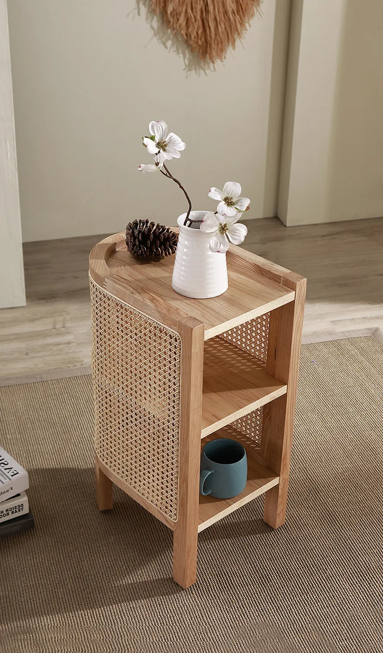 Japanese Style Solid Wood Rattan Bedside Table and Side Cabinet Locker