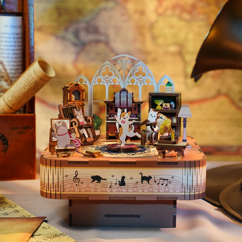 Tonecheer Cat's Family Birthday Gift Music Box 3d Puzzle Wood Music Box ...