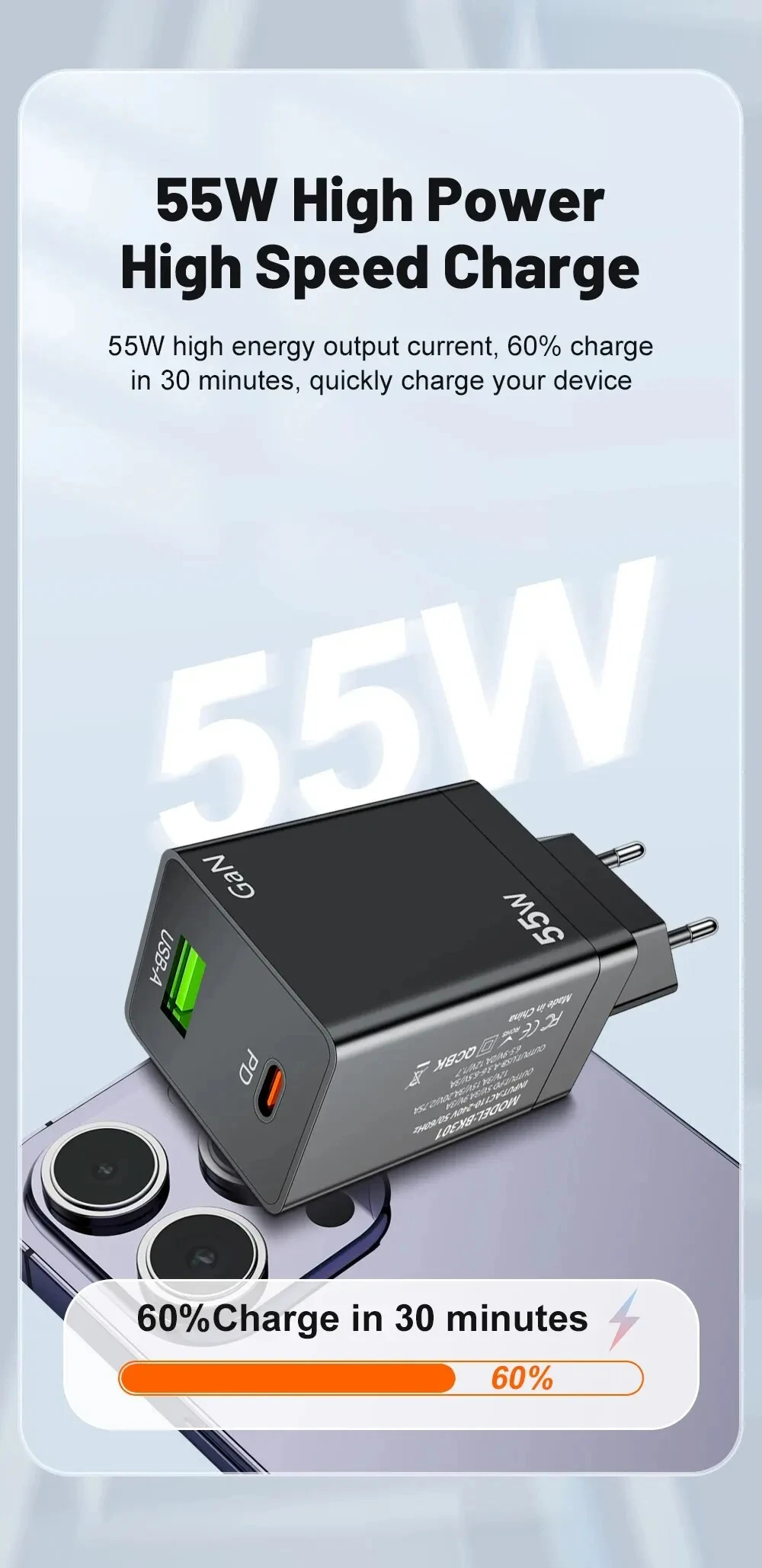 EONLINE 3D 55W USB C PD Korea Gan Charger for Fast Charging