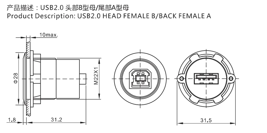 Type B Usb Connector Panel Mount Black Metal Shell Panel Mount ...