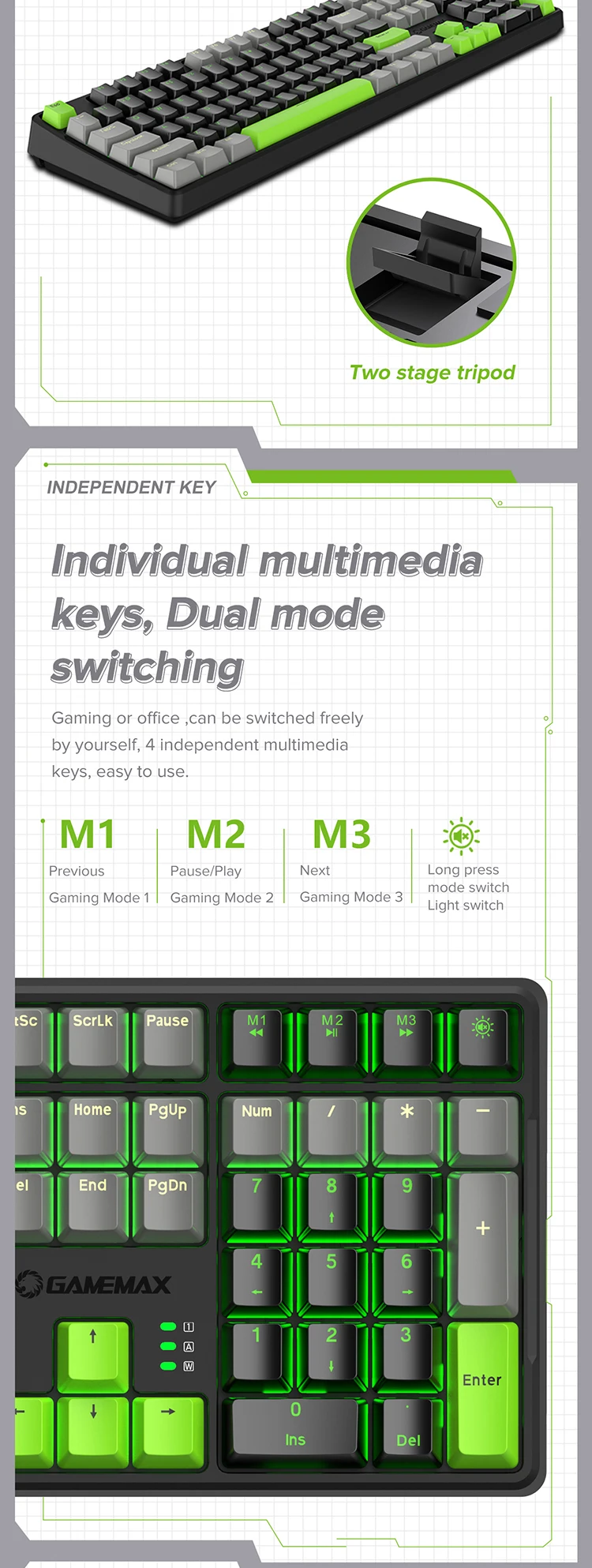 GAMEMAX USB C Wired Gaming Keyboard - Mechanical & LED