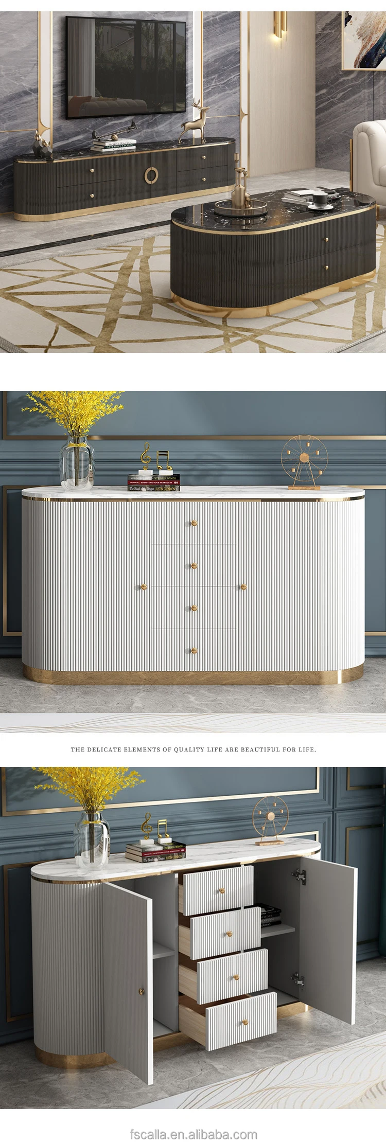 Glossy Gold Stainless Steel Marble Top TV Stand Set