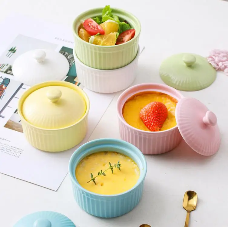 Oven Safe Ceramic Creme Brulee Ramekins Bowls With Lid Cake Pudding ...