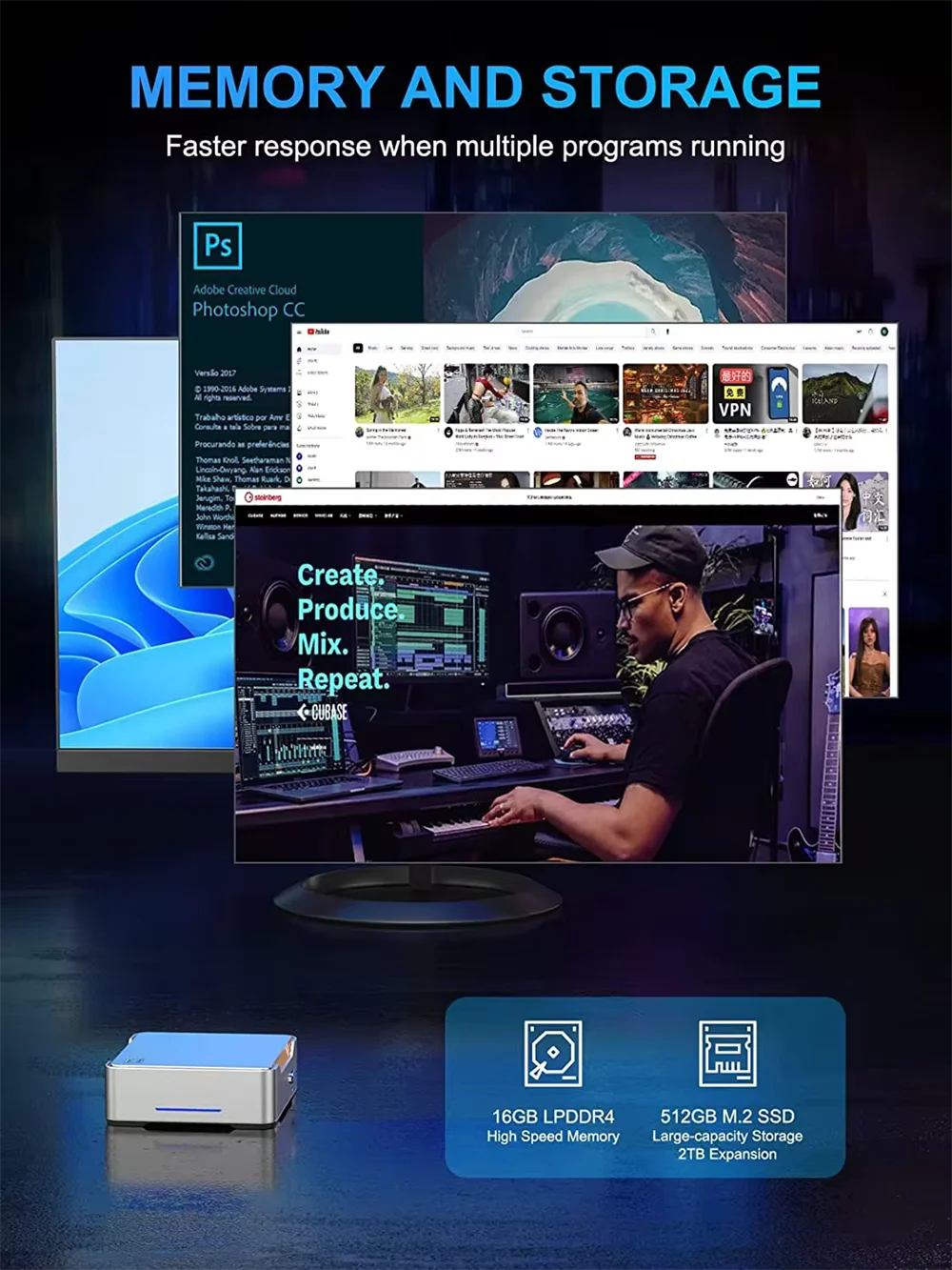 Mini PC DDR4 16GB+512GB Micro Computer Windows 11 Graphics 750MHz Intel ...