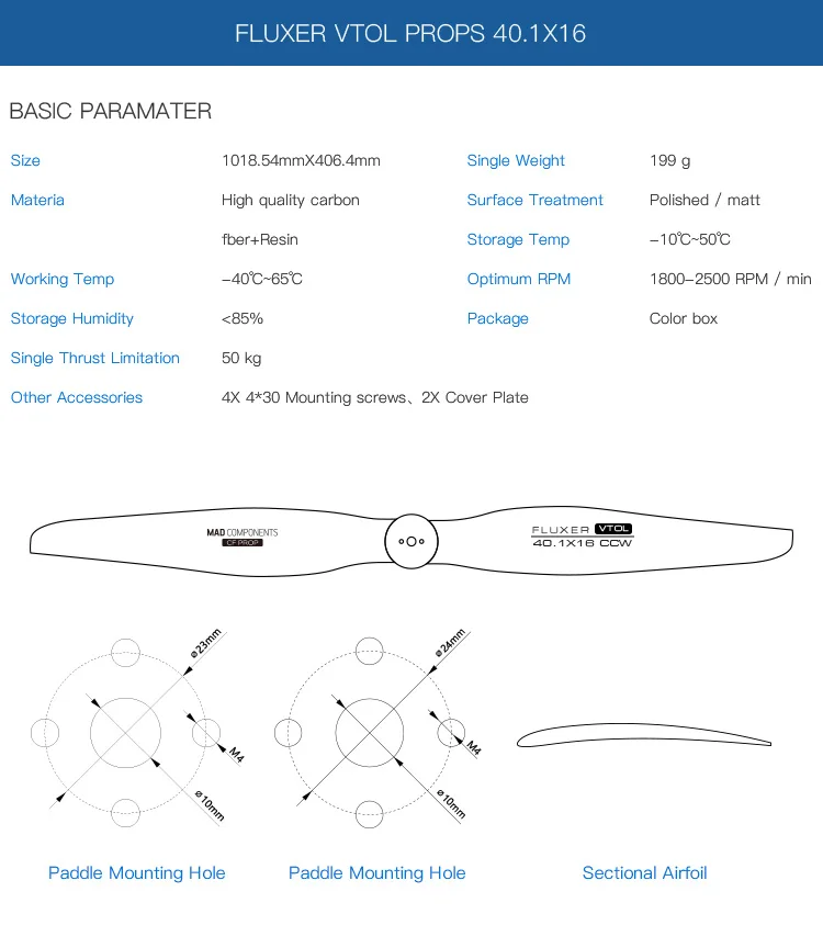 FLUXER VTOL Prop 40.1x16IN VTOL Fixed Wing Motor Drone Paramotor ...