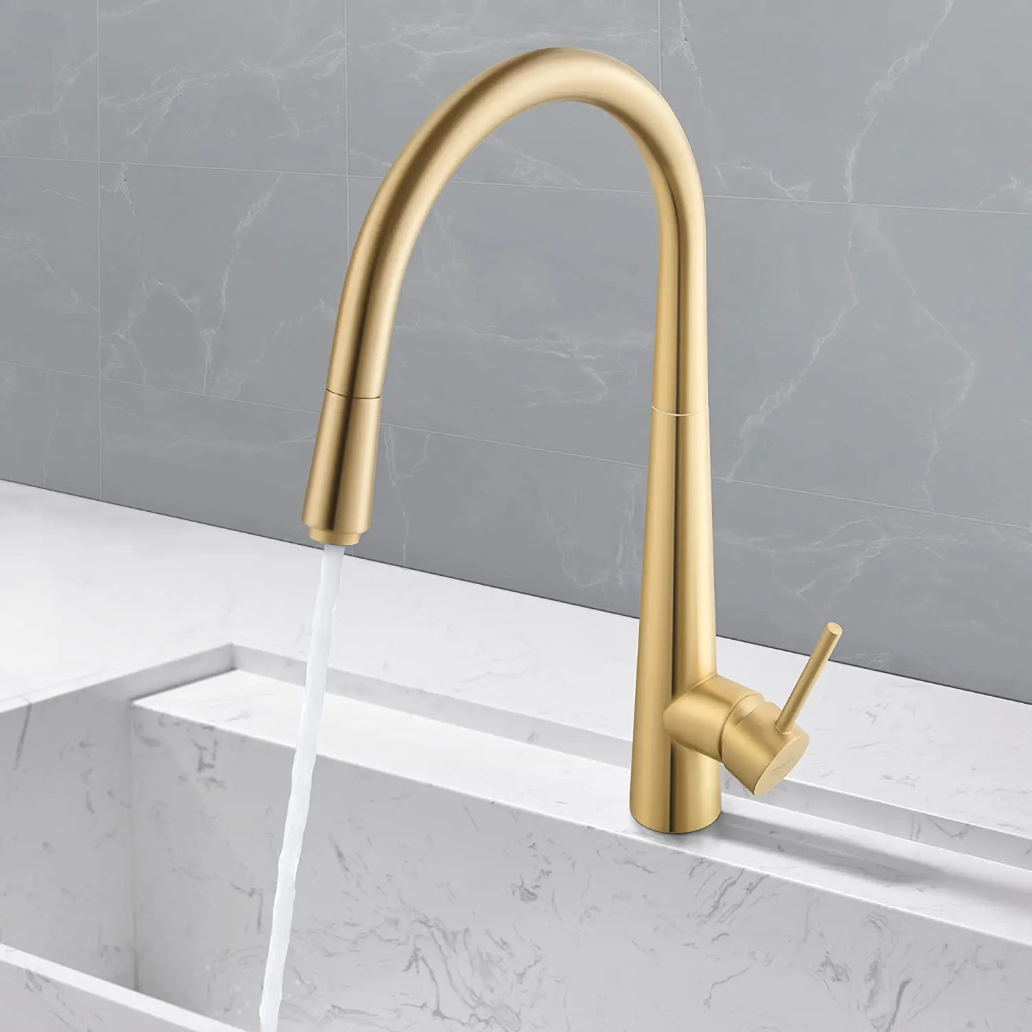 Brushed Gold Pull Down Sprayer Kitchen Faucet Stainless Steel Single ...