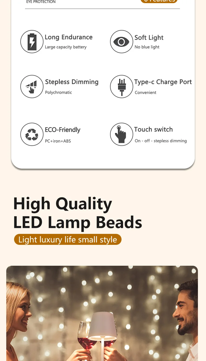 CFTONG Portable Metal LED Cordless Desk Lamp - Stepless Dimming