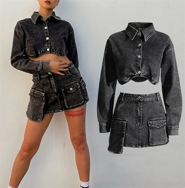 M8500-women Cargo Set Women Denim Skirt Set 2 Piece Jeans Set Women ...