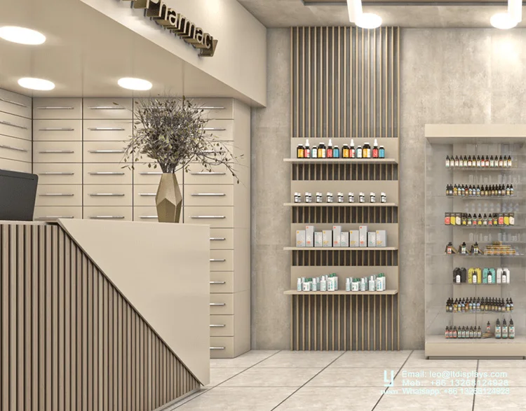 Pharmacy Drawer Counter Design - Wall Mounted Display Shelves