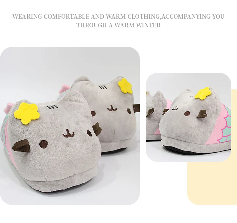 Cartoon Mermaid Fat Grey Cat Plush Slippers Indoor Winter Home Shoes ...
