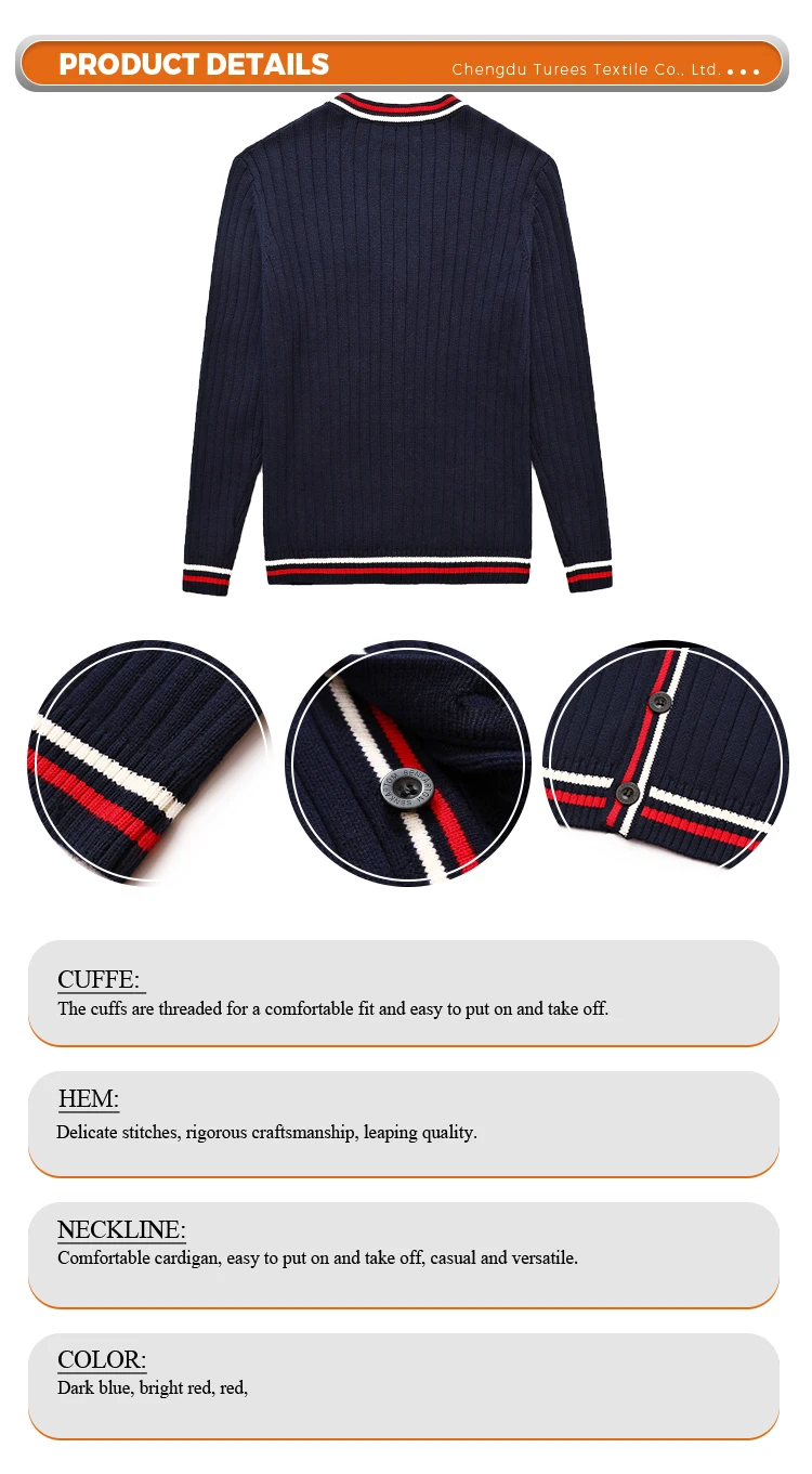 Blue School Sweater 100% Cotton Long Sleeve V Neck Navy Blue Pullover ...