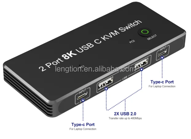 KVM Switch 2 Port USB C to Displayport With 3xUSB2.0 8K@60Hz 4K@144Hz ...