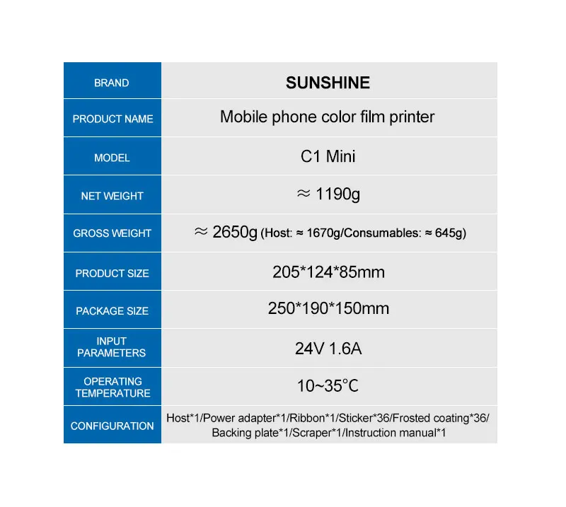 Sunshine C1 Mini Wifi Color Film Printer For Mobile Phones & Oem