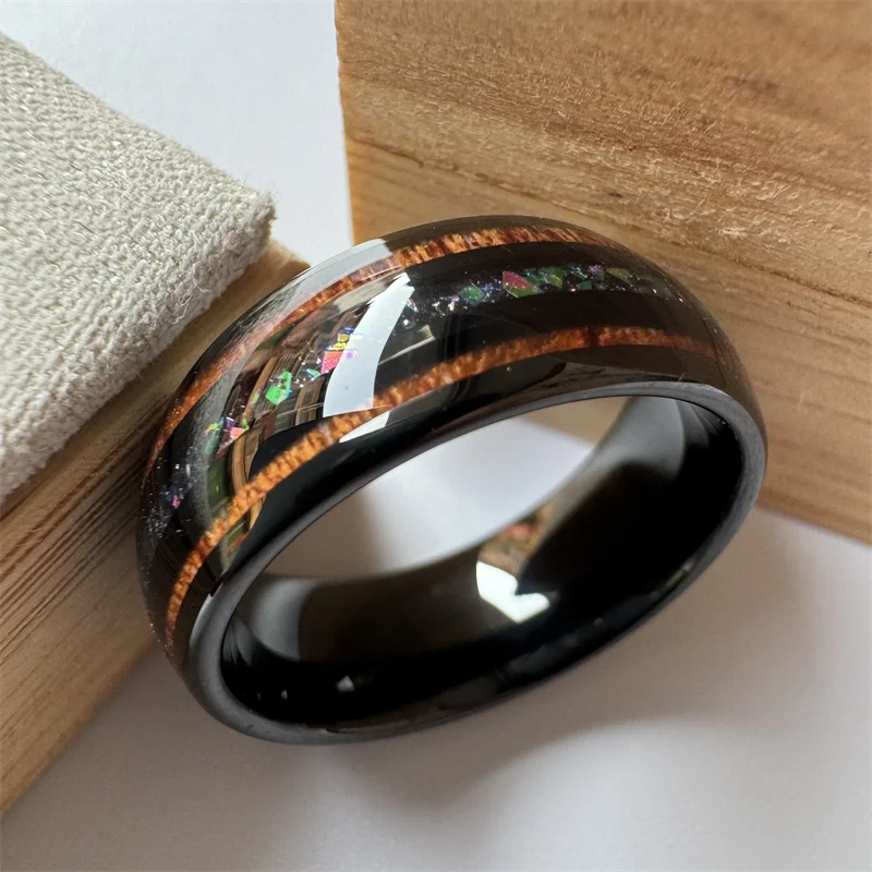 Macho Jewelry 8MM Black Wooden Tungsten Ring with Colorful Shard Middle ...