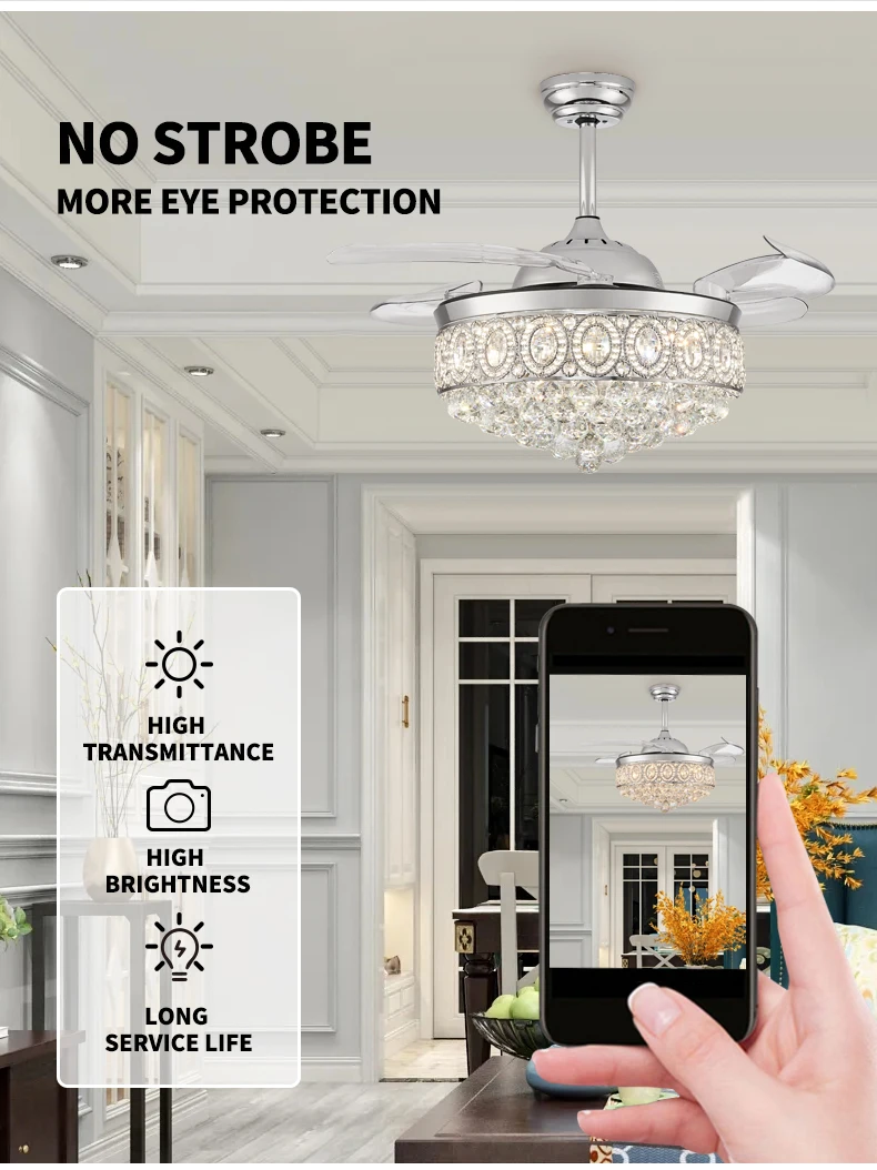 Modern Luxury Invisible Crystal Ceiling Fan With Led Light With Remote ...