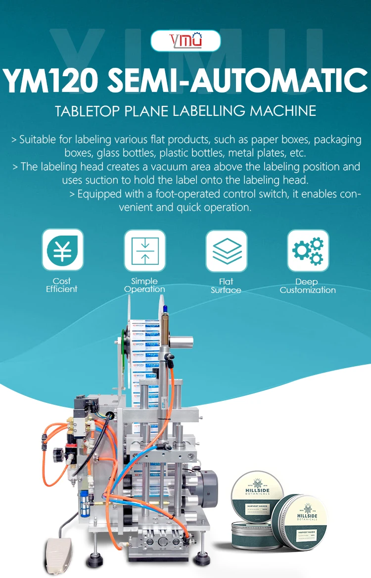 YIMU YM120 Desktop Pneumatic Label Applicator Tabletop Small Semi Automatic Flat Sticker ...