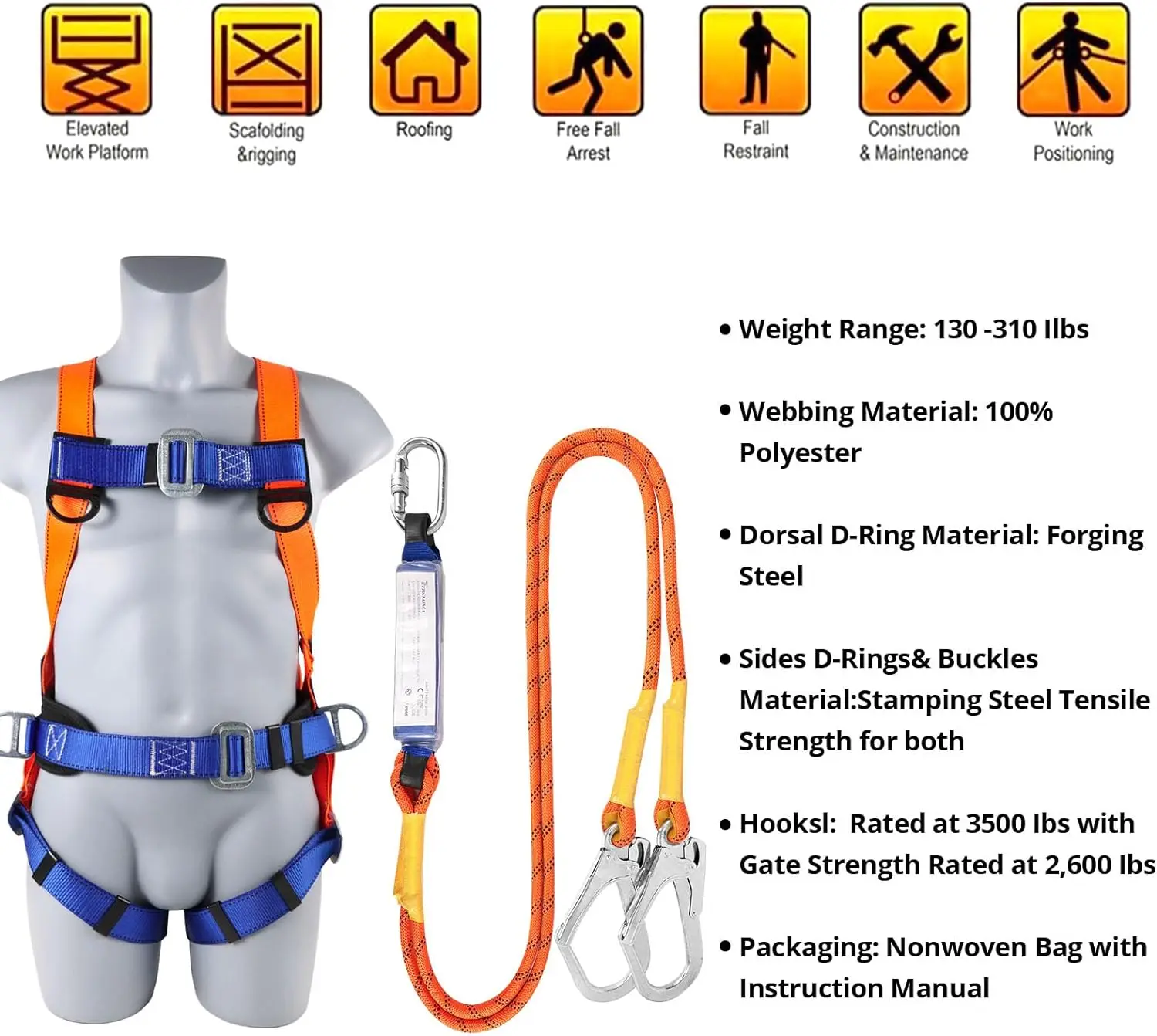 Full Body Safety Harness With Shock Absorbing Lanyard Updated ...