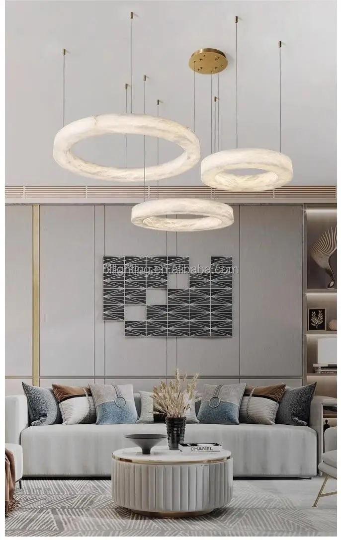 Modern Living Room Pendant Light Fixture Natural Marble Calcite Ring ...