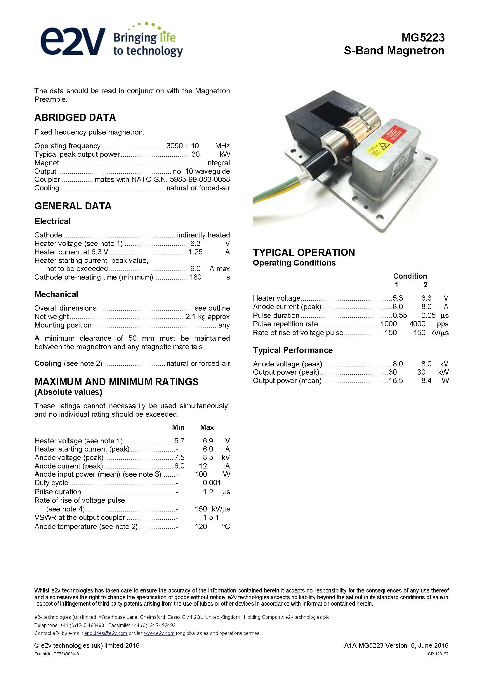 E2V MG5223 Magnetron - 30KW S Band for Furuno Marine Radar