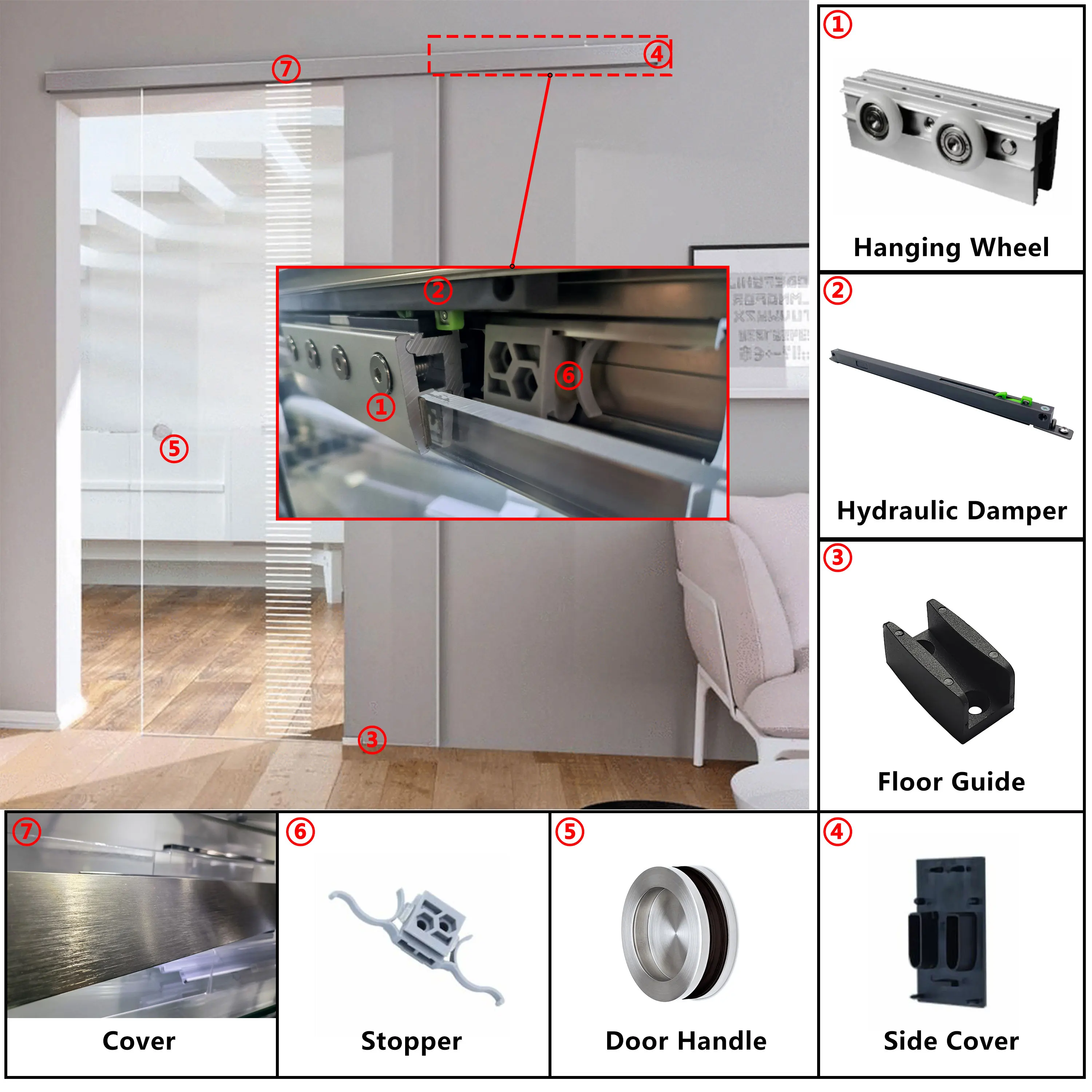 Luxury Office Interior Glass Sliding Door Kit with Soft-Closing System