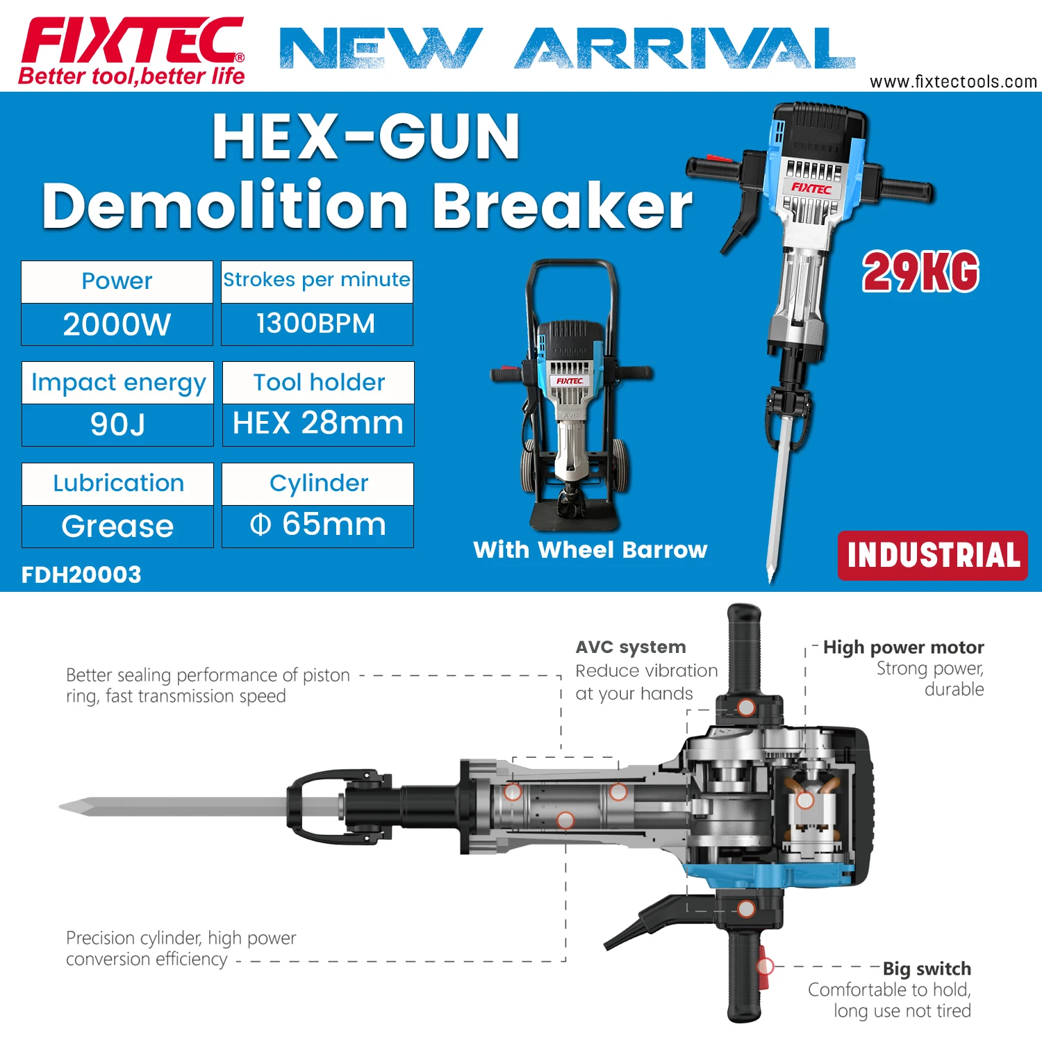 FIXTEC Power Tool Heavy Duty Powerful 2000W 29kg HEX 28mm Construction ...