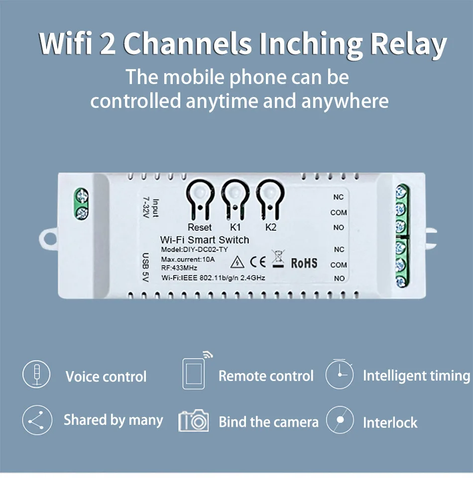 2CH Tuya Smart Switch WIFI Module Remote Control USB 5V 12V RF 433 mhz ...