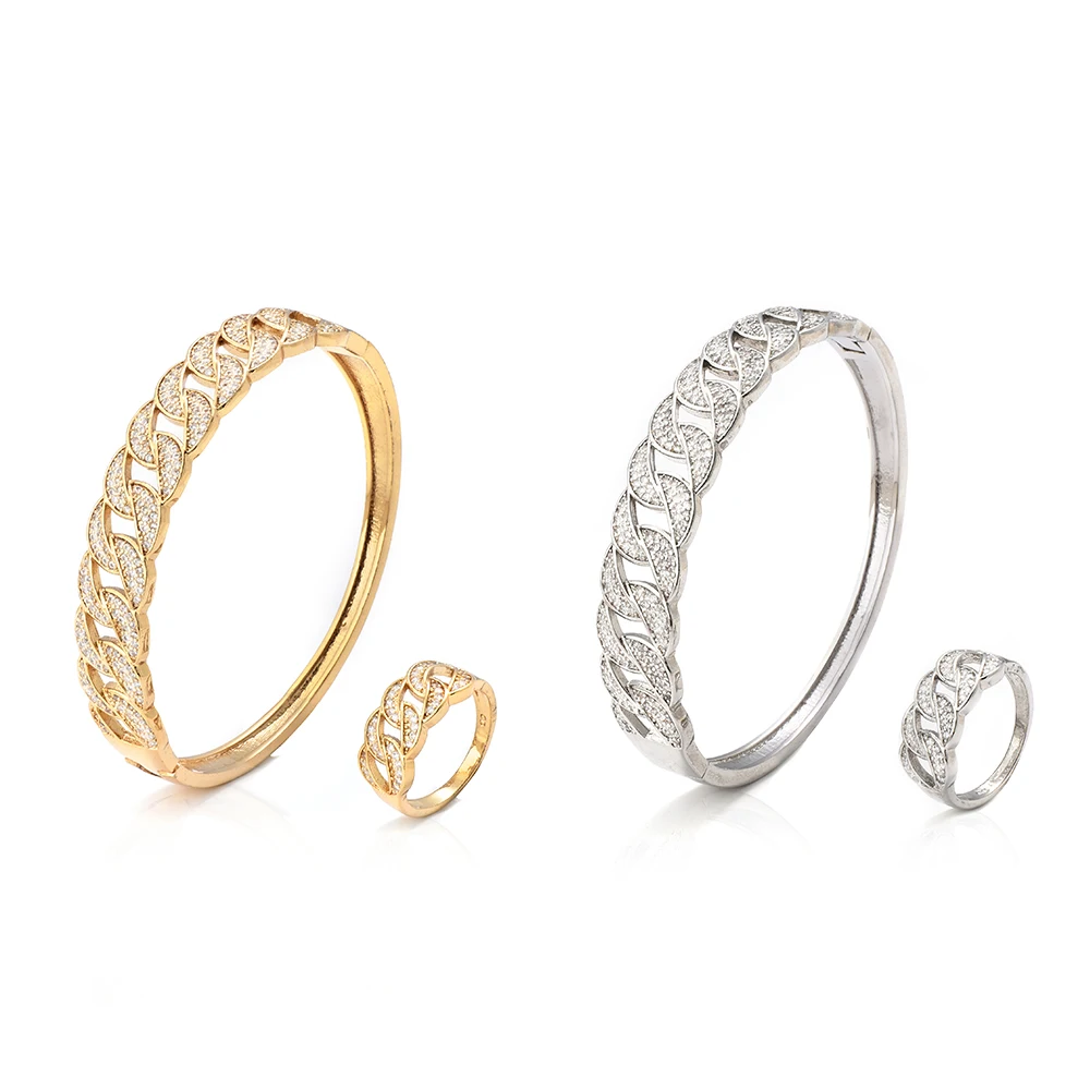 Jh Dubai Luxury Jewellery 18k Gold Plated Bangle And Ring Set Cubic Zircon Cuff Bangle And Ring ...