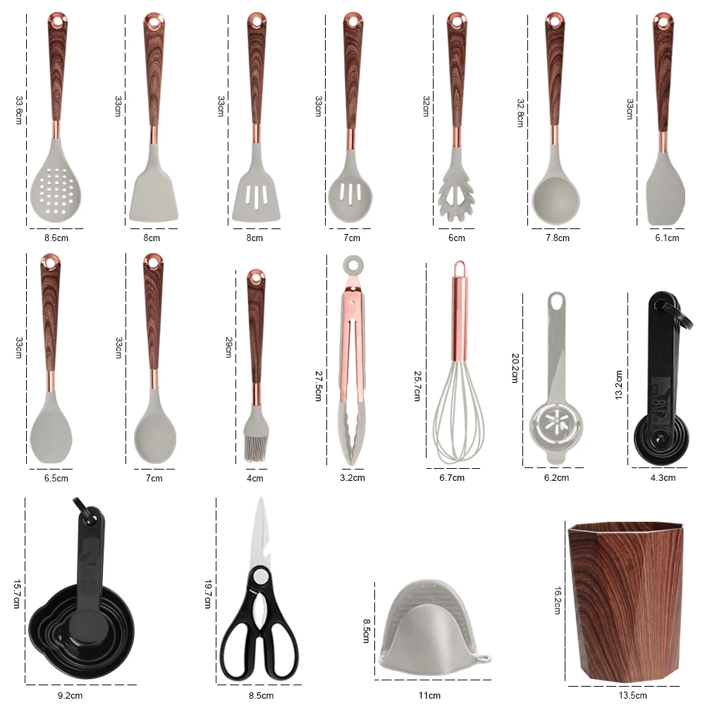 Luxury Kitchen Tools Accessories Wood Grain Handle Silicone Utensils ...