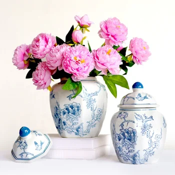 Vintage Chinese Blue And White Vases Handmade Crackled Short Decor ...