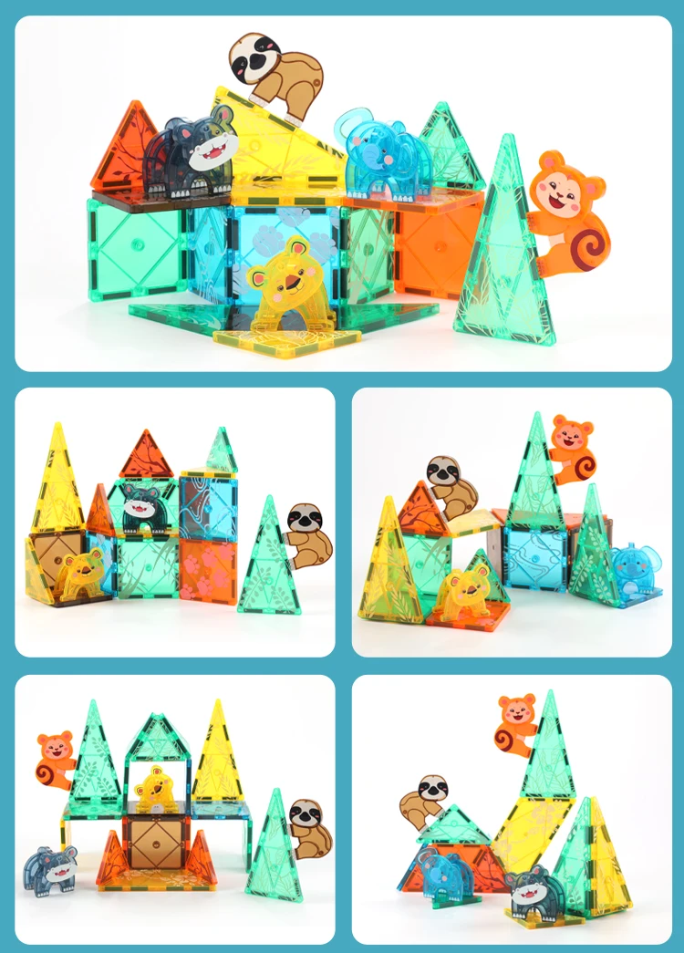 Educational Abs Plastic Cute Animals Zoo Magnetic Tiles 56 Pcs Magnet ...